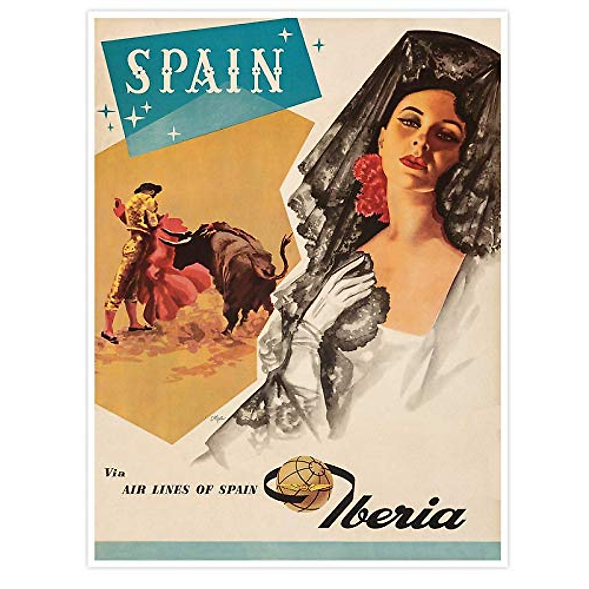 Set of two (2) Spanish Air Lines Travel Poster Prints - Fiesta de Toros Bullfighting Festival in Spain circa 1950 - each measures 12 x 16 inches