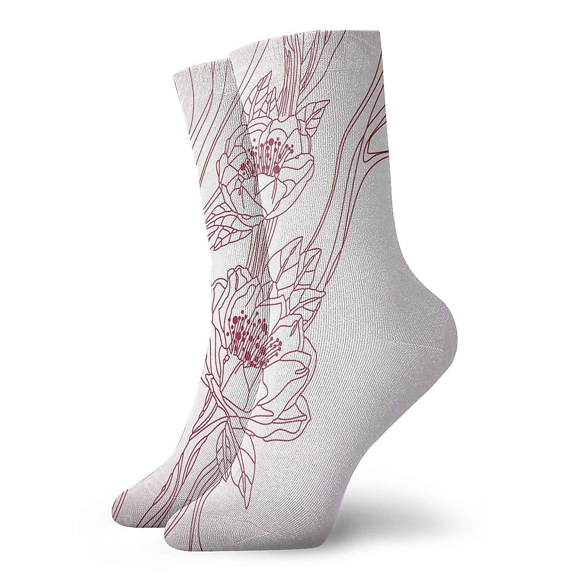Almond Blossom Funny Compression Socks Women and Men,Wedding Theme With Stripes And Flower Bloom Outline On Pastel Colors,Best for Circulation,Running,Athletic,Nurse,Travel,Burgundy Baby Pink -12 inch