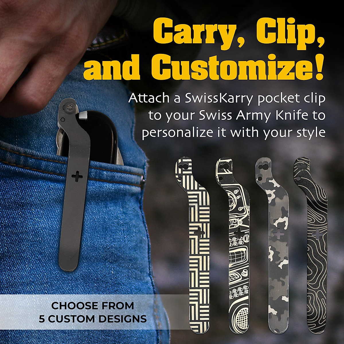 SwissKarry Clip Compatible with 91mm Victorinox Swiss Army Knife Models. 5 Custom Designs for a Personalised Pocket Knife. Be Ready for the Unexpected. Stainless Steel Tough. ‘Void Black’