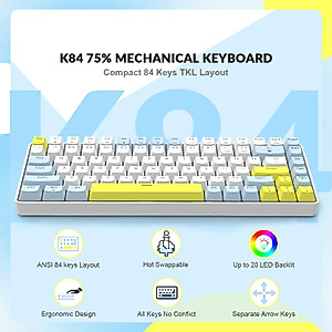 ZIYOU LANG RK-K84 Wired 75% Mechanical Gaming Keyboard Hot Swappable with Rainbow LED Backlit Anti-ghosting TKL 84 Key Custom Coiled C to A Cable Linear Red Switch for PS4 PS5 Xbox PC Mac Gamer(Lemon)