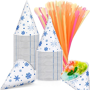 Boao 100 Pieces Snow Cone Cups 4.5 OZ Leakproof Cone Paper Cups Matching 100 Pieces Spoon Straws for Slush Shaved Ice Cream Sorbet Water (Snowflake Style)