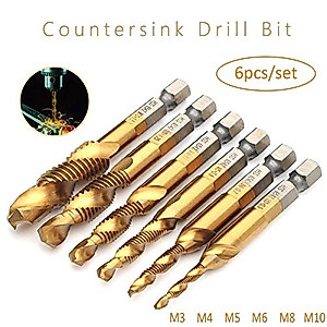 Hex Shank Drill Bits 6pcs Spiral Drill Bit HSS Combination Drill Tap Bit Hex Shank Countersink Tap Drill Bit Set Titanium Coated Countersink Bit 6pcs Combination Drill and Tap Set