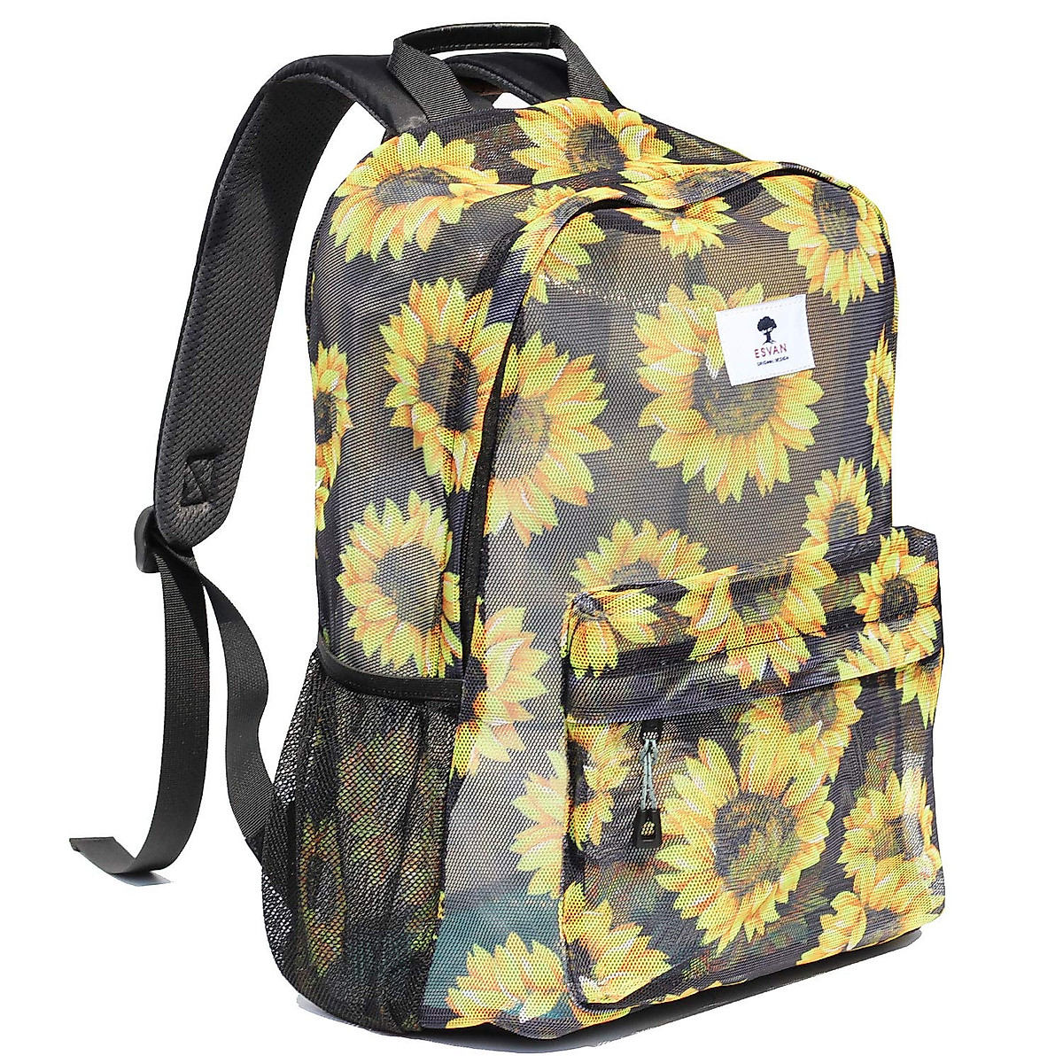 ESVAN Original Print Mesh Backpack Semi-Transparent Sackpack See Through Beach Bag Daypack Multi-Purpose Women Men Unisex (Sunflower)
