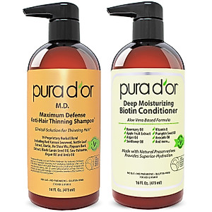 PURA D'OR MD Anti-Thinning Biotin Shampoo & Conditioner Set (16oz x2) Maximum Defense Coal-Tar Strong Scented DHT Blocker Hair Thickening Products For Women & Men, Daily Shampoo For Scalp Health