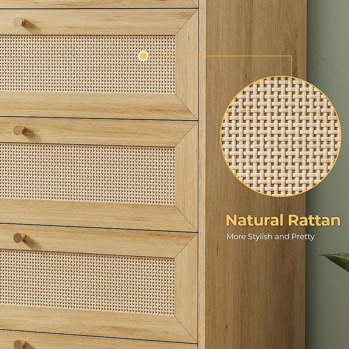 AOGLLATI Rattan Dresser for Bedroom with 5 Drawer, Modern Double Wooden Tall Bedroom Dresser, Chest of Drawers with Metal Handle & Solid Wood Legs for Bedroom/Living Room,Nature