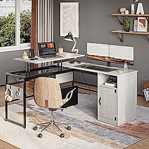 Bestier Lift Top Reversible L Shaped Desk with File Cabinet Standing Computer Desk with Storage Height Adjustable Home Office Desk Corner Desk Long Table for 2 People Bedroom Living Room(Wash White)