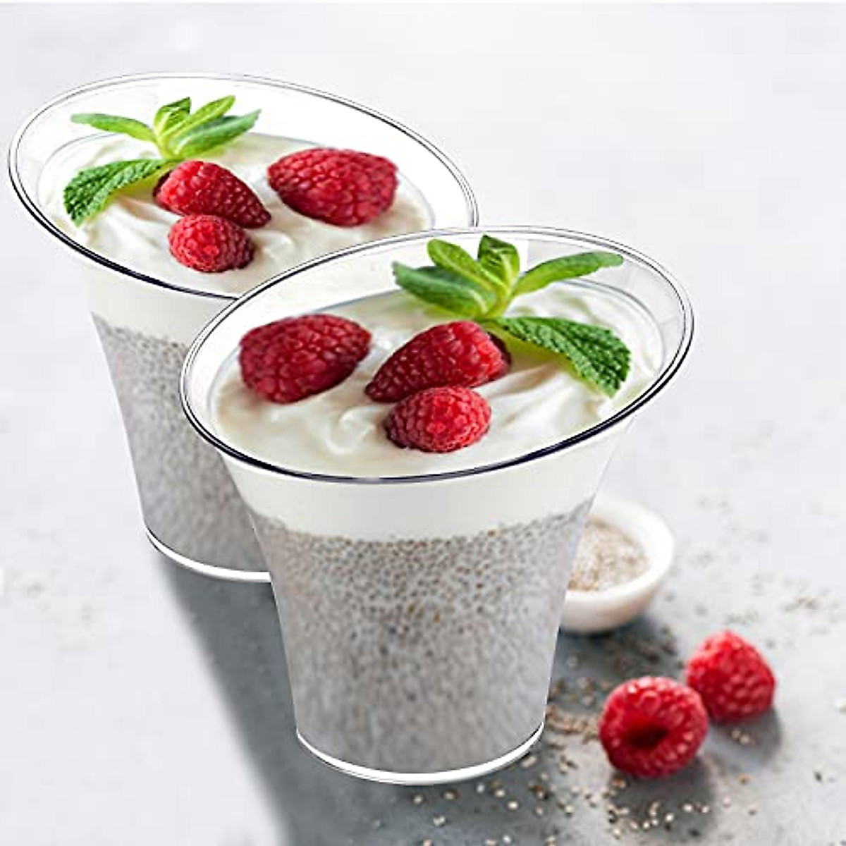 Cedilis 100 Pack 6oz Slanted Round Dessert Appetizer Tumbler Cups, Clear Plastic Dessert Cups with 100 Plastic Spoons, Slanted Cylinder Disposable Cups, Great for Event and Party