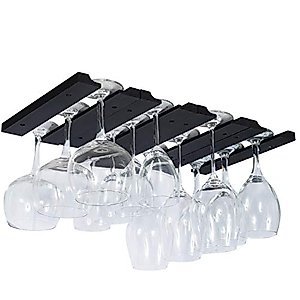 Rustic State Vigo 4 Sectional Adjustable Under Cabinet Mount Wood Stemware Rack Hanging Shelf Glassware Holder Bar Organizer with up to 12 Wine Glass Storage 12 Deep Long Black