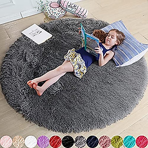 Gray Round Rug for Bedroom,Fluffy Circle Rug 4'X4' for Kids Room,Furry Carpet for Teen's Room,Shaggy Circular Rug for Nursery Room,Fuzzy Plush Rug for Dorm,Grey Carpet,Cute Room Decor for Baby