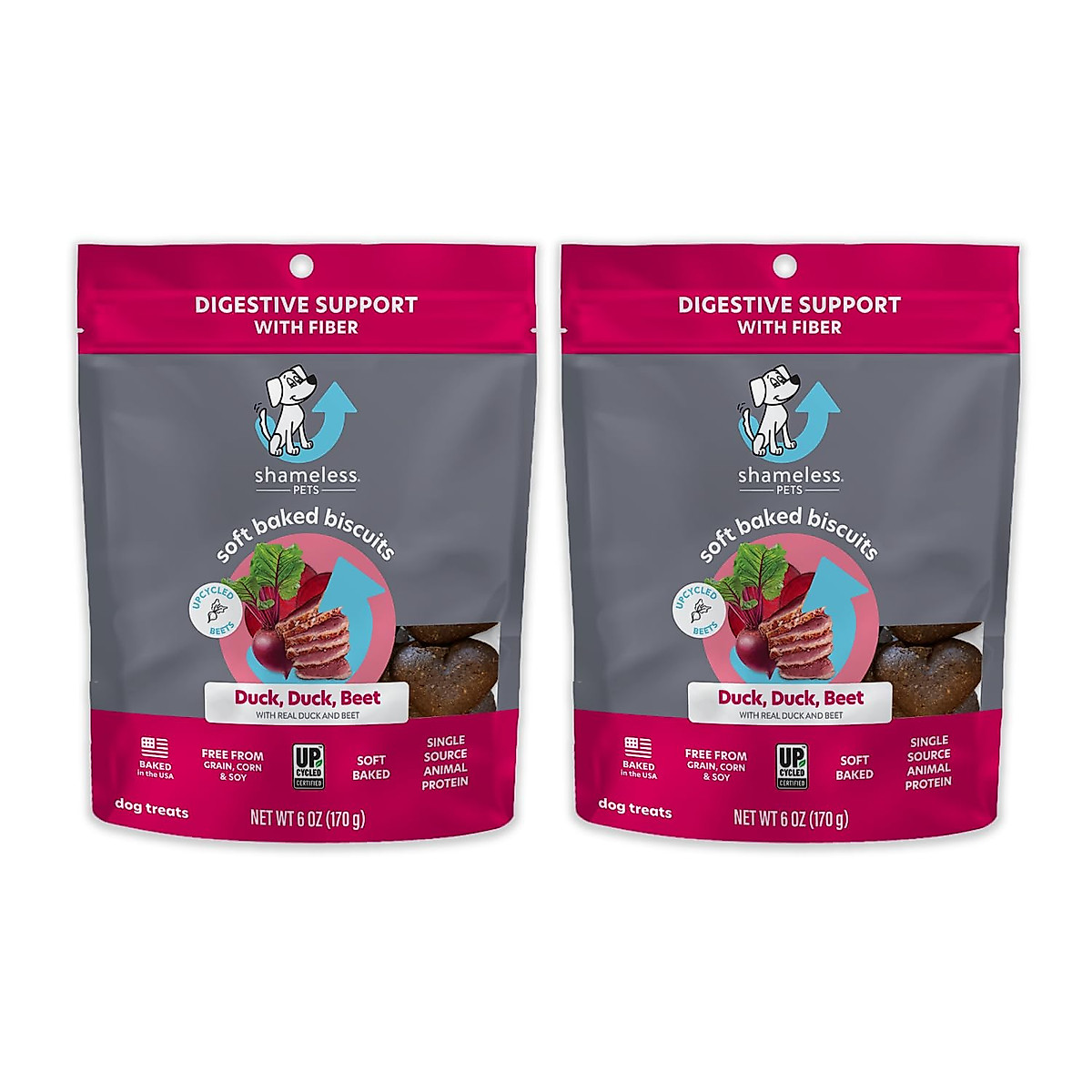 SHAMELESS PETS Soft Dog Treats - Natural, Healthy Dog Treats Made with Upcycled Ingredients & Zero Artificial Flavors, Grain Free Dog Biscuits, Supports Digestion - Duck Duck Beet, Pack of 2