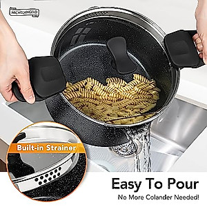 MICHELANGELO Pasta Pot with Strainer Lid, 6 Quart Stock Pot with Twist and Lock Handles, Nonstick Soup Pot with Granite Coating, Spaghetti Pot Induction Compatible, Black