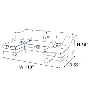 Modern 110'' W U-Shape Sectional Sofa, 4-Seat Sofa Couch with Chaise Lounge and Ottoman, Reversible Left or Right Chaise, Modular Sofa with Golden Metal Legs for Living Room Apartment Office,Blue