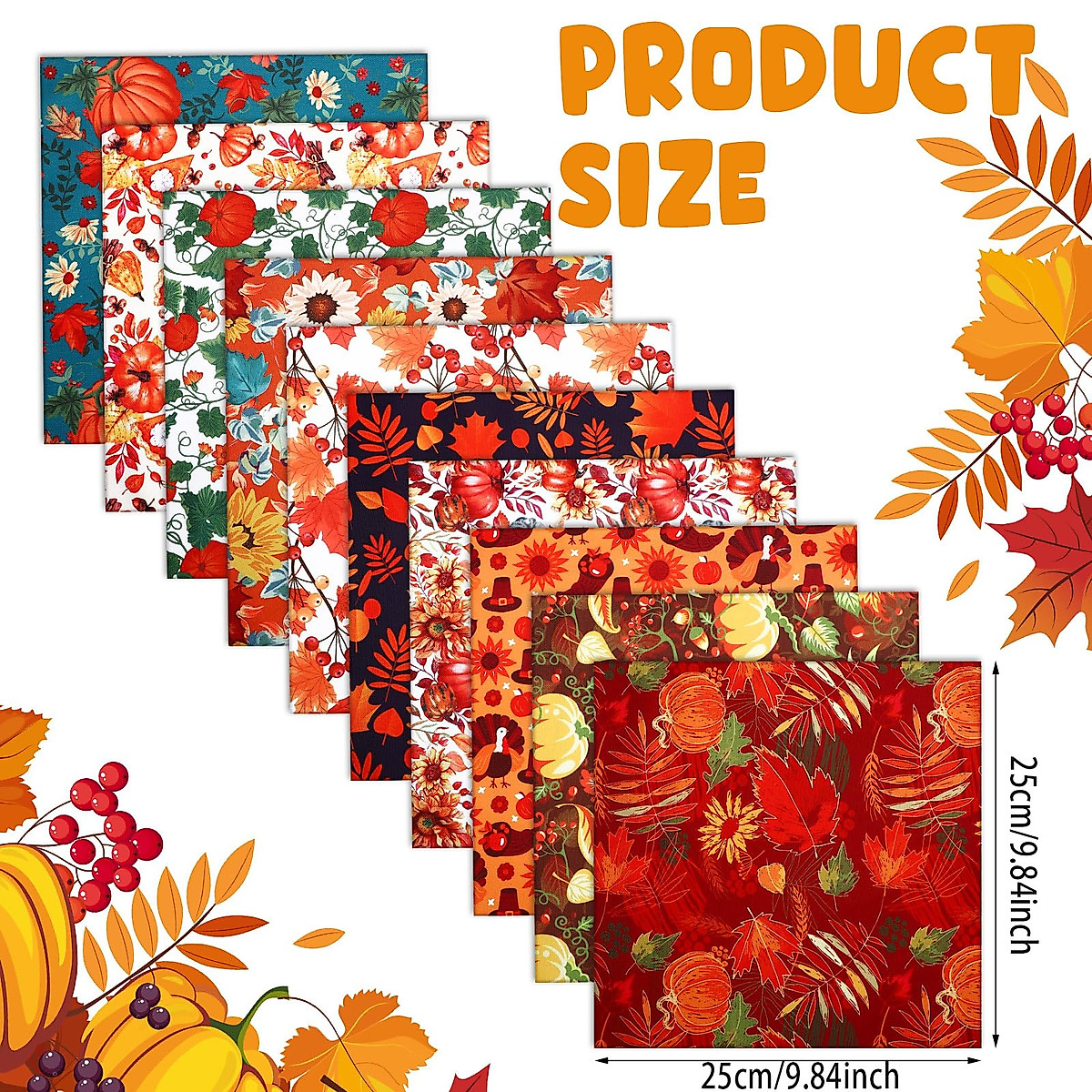 Tudomro 70 Pcs 10 x 10 Inch Fall Fabric Square Thanksgiving Autumn Patchwork Fabrics Maple Leaf Turkey Square Patchwork Fabric Pumpkin Quilting Fabric for Fall DIY Crafts