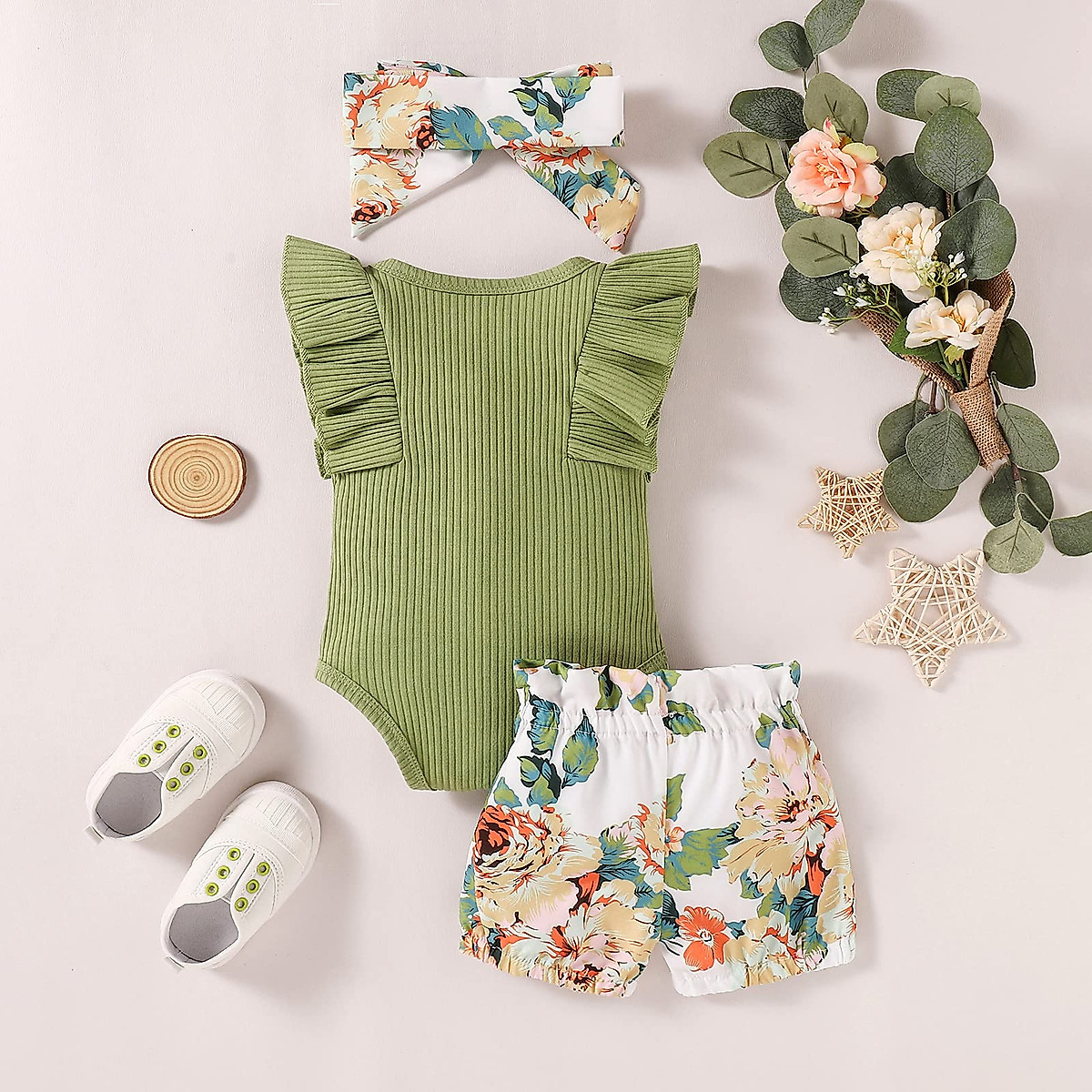 Baby Girl Clothes Infant Summer Outfits Set Ruffle Sleeve Romper Floral Pants 3PCS Bodysuit +Shorts +Headband (Green, 0-3 Months)