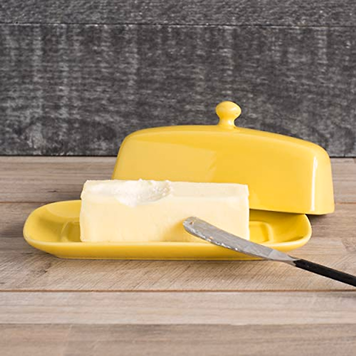 Now Designs Stoneware Rectangle Butter Dish with Lid, Lemon Yellow 4.5 x 8 in