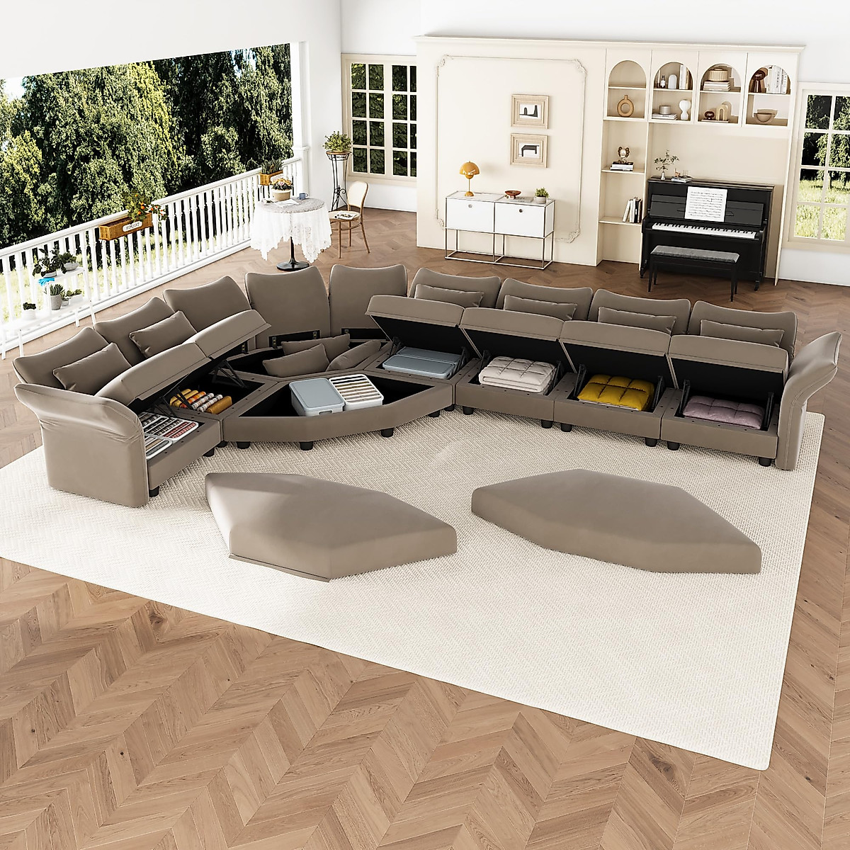 LLappuil Sectional Couch Convertible Oversize U Shaped Modular Sectional Sofa with Storage Easy Clean Anti-Scratch 8 Seat Velvet Sectional for Living Room, Brown