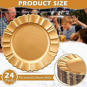 Pinkunn 24 Packs Gold Charger Plates 13 Inch Plastic Dinner Plates Round Service Plate with Waved Scalloped Rim for Table Setting Wedding Party Catering Decoration