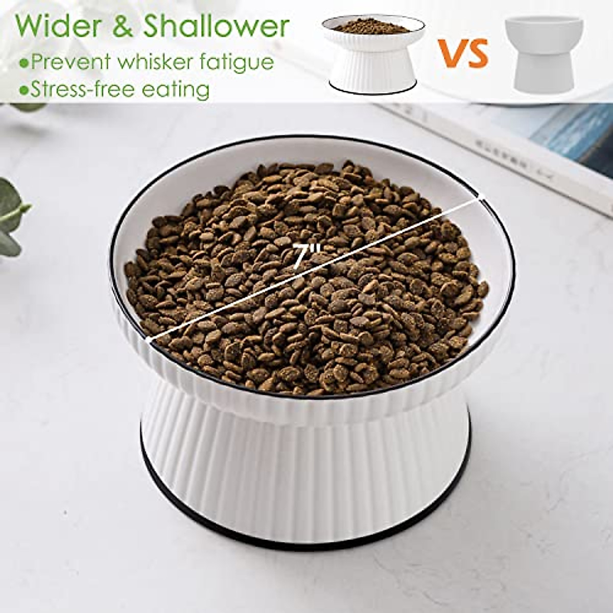 Large Ceramic Elevated Cat Food Bowl,Whisker Friendly Raised Cat Water Bowl,Stress Free Food Feeding Dish,Anti Whisker Fatigue Bowl with Anti-Slip Strip for Cats & Small Dogs,Non Tipping