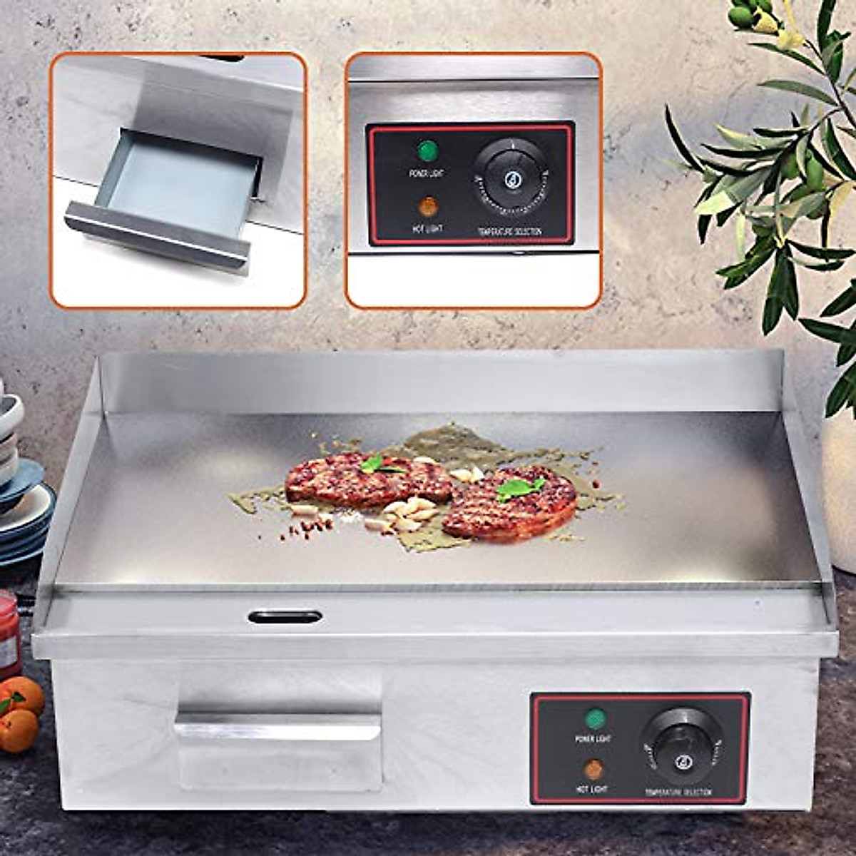 Electric Griddle, 110V Commercial Restaurant Countertop Grill Stainless Steel Flat Top Griddle Nonstick Teppanyaki Machine with Adjustable Temperature Control 50-300℃ for Home Restaurant Kitchen