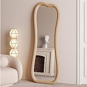 BOJOY Full Length Mirror, 63" x 24" Wall Mirror, Flannel Wrapped Wooden Frame Floor Mirror, Irregular Wavy Mirror Hanging or Leaning Against Wall for Cloakroom/Bedroom/Living Room, Milk Tea