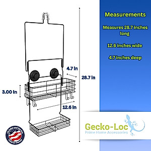 Gecko-Loc Extra Long Wide Adjustable Length over the showerhead hanging shower caddy organizer - for Shampoo, Soap, & Razors - Black
