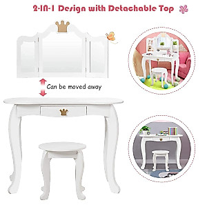 HONEY JOY Kids Vanity, Crown Themed Toddler Dressing Makeup Table and Chair Set w/Drawer & Tri-Folding Mirror, Detachable Mirror, Princess Pretend Play Girls Vanity Set with Mirror and Stool(White)