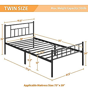 Yaheetech 2 Pcs 13 inch Twin Size Metal Bed Frame with Headboard and Footboard Platform Bed with Storage No Box Spring Needed Mattress Foundation, Black
