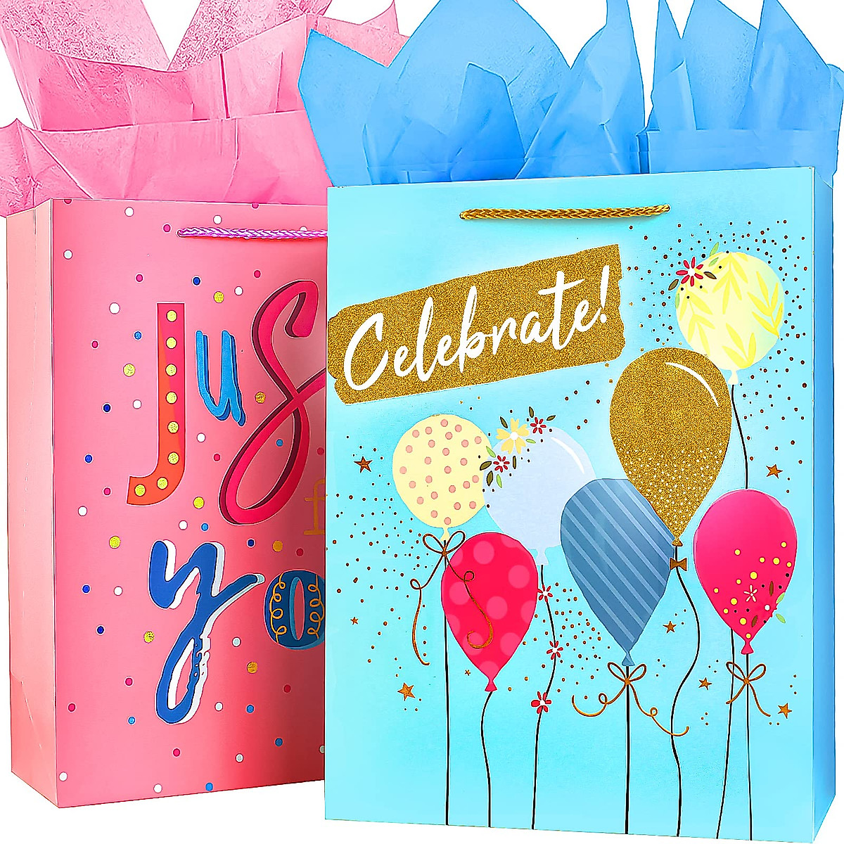Gift Bag Large Gift Bags Set,12.5"Birthday Gift Bag for Girls Women,2 Pack Paper Gift Bags with Tissue Paper,Variety Green Pink Gift Bag Present Bags Big Gift Bag Birthday Bags with Handle,Gift Wrap Bags for Birthday Patry,Anniversary,Wedding,Valentine's