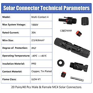 PRECIHW 50PCS Solar Connector, 25 Pairs Solar Panel Connectors, Multi-Contact 4 Connectors, IP67 1000V 30A Waterproof Male/Female Solar Panel Cable Connectors for 2.5/4/6mm² with 2 Pack Wrenches