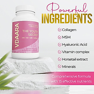 Vdaara Hair, Skin and Nails Vitamins - 5000 mcg Biotin, Collagen, Natural Vitamin C A D3 Hyaluronic Acid - Supplement for Glowing Skin, Hair Growth for Men and Women – 60 Capsules