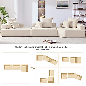 Tmsan 151.5" Oversized Modular Sectional Sofa, Modern Curved Boucle Cloud Couch Large Sleeper Lounge Sofa, Convertible Floor Clouch Set with 6 Pillows for Living Room Apartment Office