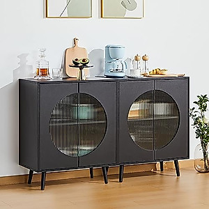 Modern Glass Sideboard Buffet Cabinet set of 2, Accent Cabinet Freestanding Kitchen Storage Cabinet Console Table with Adjustable Shelves and Pop-up Doors for Living Room, Kitchen, Hallway (Black)