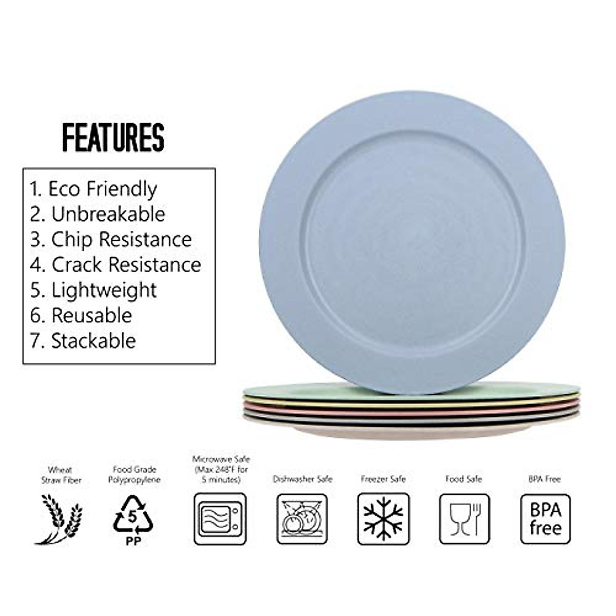 10 Inch Wheat Straw Flat Plastic Plates Set (6 Dinner Plates) - Dishwasher & Microwave Safe - Unbreakable Reusable Lightweight Eco Friendly & BPA Free Dinnerware - Dishes for Kids Toddlers & Adults