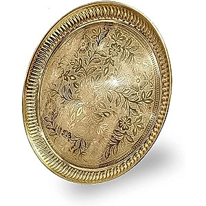 Craftsman 10 Inch Pure Brass Nakshi Flower Design Embossed Aarti Puja Nakashi Thali Platter Prasad Chandan Karwachauth Diwali Indian Festival Hindu Rituals Mandir Temple Pooja Plate