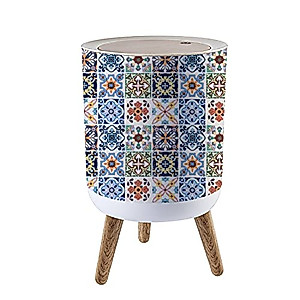 Small Trash Can with Lid Colorful Vintage Ceramic Tiles Wall Decoration Turkish Ceramic Tiles 7 Liter Round Garbage Can Elasticity Press Cover Lid Wastebasket for Kitchen Bathroom Office 1.8 Gallon