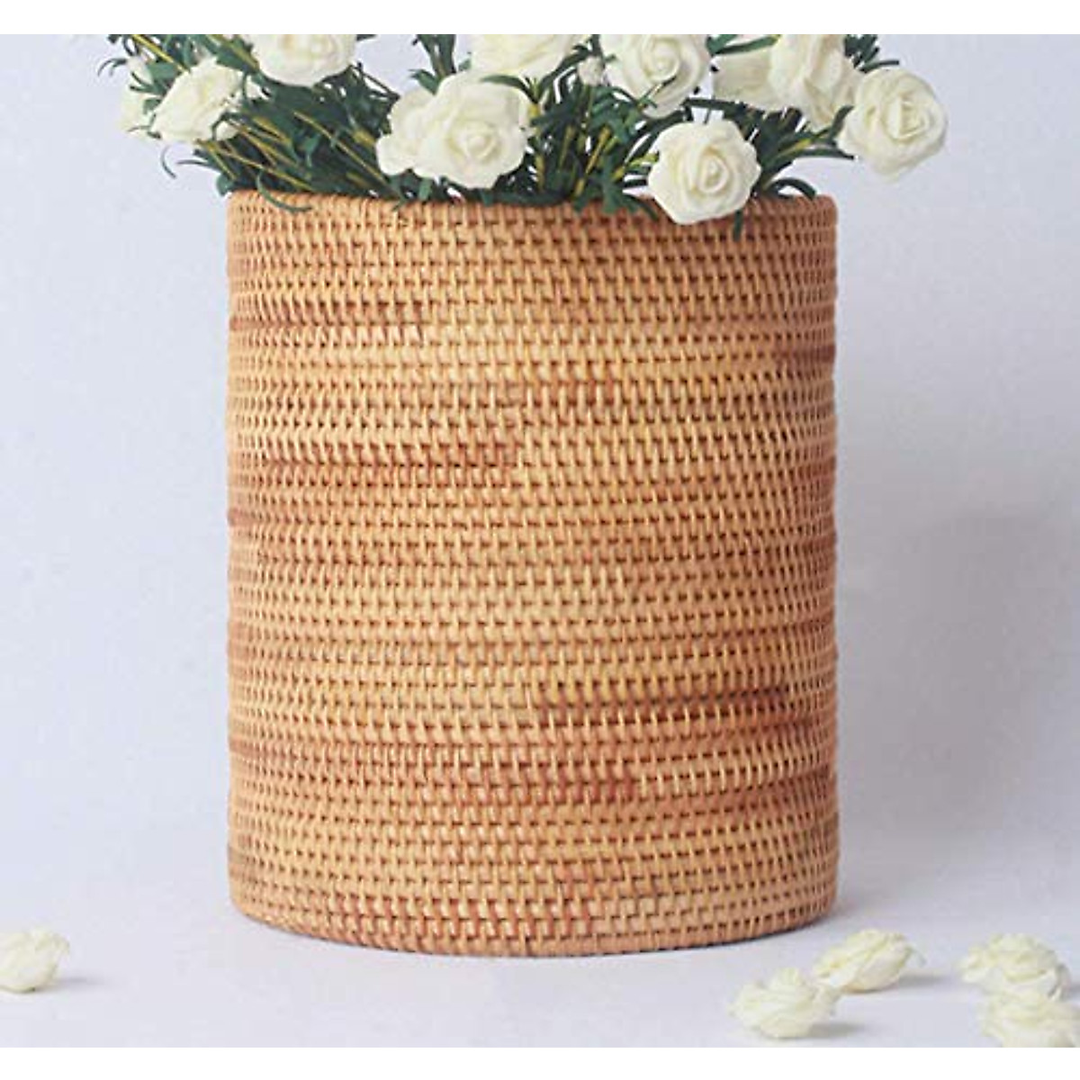 VECANCE Upscale Handwoven Woven Rattan Round Waste Basket Paper Wastebaskets Storage Basket Rubbish Bin for Your Home Office (20x20CM)