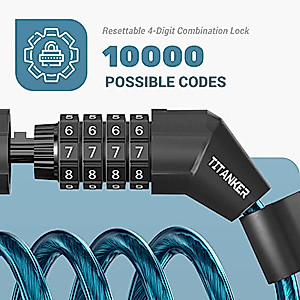 Titanker Bike Lock Cable, 4 Feet Bike Cable Lock Basic Self Coiling Kids Bike Lock Combination with Complimentary Mounting Bracket, 5/16 Inch Diameter (4FT, Blue-8mm)