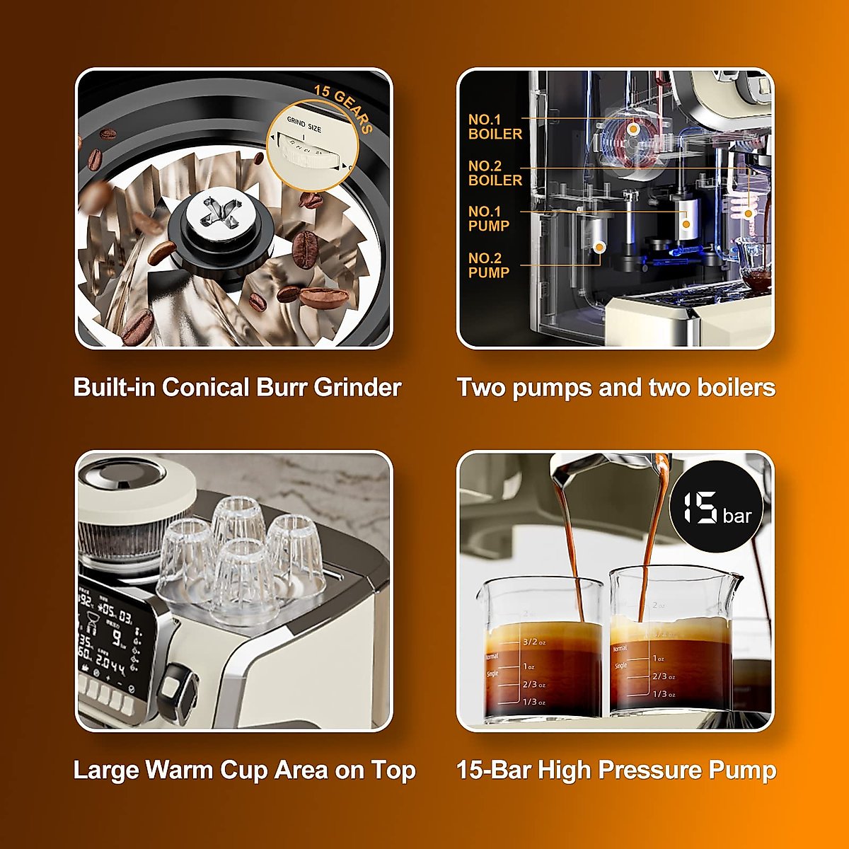 Mcilpoog TC520 Espresso Machine with Milk Frother，Semi Automatic Coffee Machine with Grinder,Easy To Use Espresso Coffee Maker with 6 inch Large Screen,15 Bar Pressure Pump,PID Temperature Control.