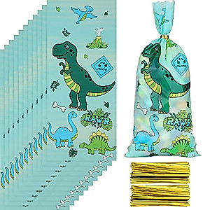 Fulmoon 100 Pieces Dinosaur Cellophane Bags Party Candy Dino Theme Birthday Goodie Treat with 150 Twist Ties for Supplies, 5 x 11 Inches, 250 Piece Set