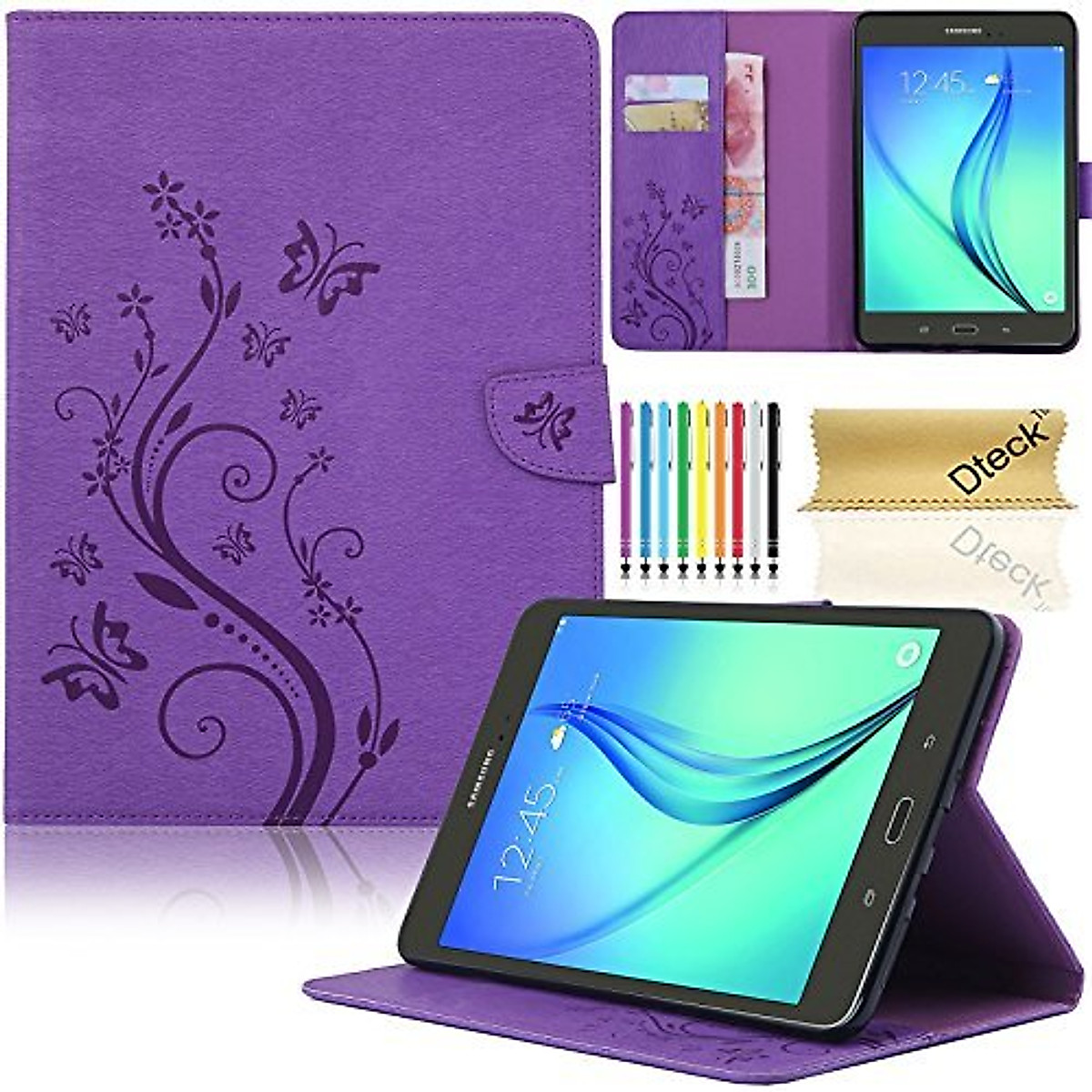 Dteck Case for Samsung Galaxy Tab A (8.0 Inch, 2015 Release, Model SM-T350 /SM-T357 /SM-P350 /SM-P355) - Slim Lightweight PU Leather Stand Wallet Flip Cute Butterfly Cover with Stylus Pen (Purple)