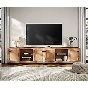 Modern Farmhouse Barn Door TV Stand for 100 inch TV Entertainment Center, Wood TV Media Console Table Cabinet for 80 85 90 with Adjustable Shelf and Metal Legs for Living Room Bedroom, Oak