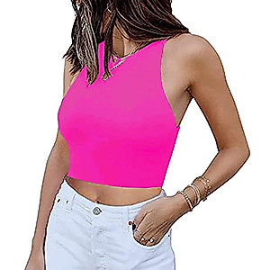 Artfish Women's Sleeveless Cropped Shirts High Neck Stretchy Fitted Basic Crop Tank Top (Hot Pink, XS)