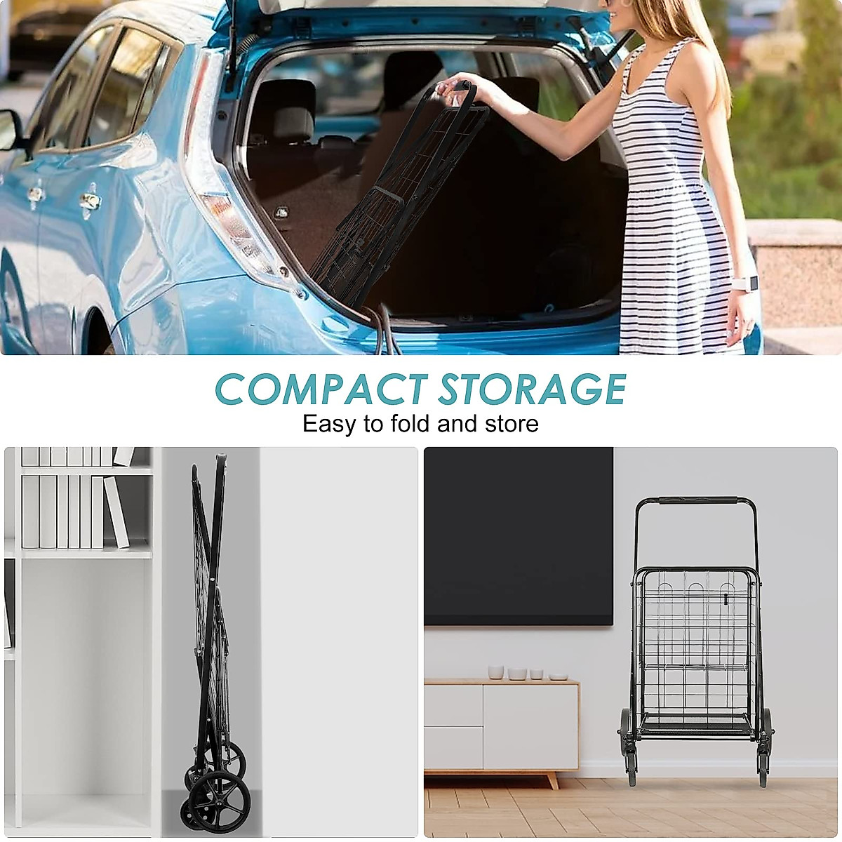 Shopping Cart for Groceries,Jumbo Upgraded Grocery Cart with Waterproof Liner, 360° Rolling Swivel Wheels and Double Basket, Heavy Duty Folding Shopping Cart for Shopping Laundry-Hold Up to 340 LBS