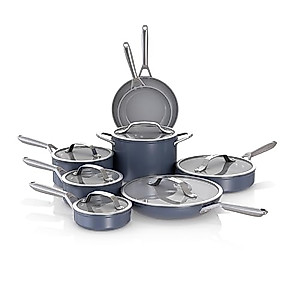 Ninja NeverStick Ceramic Pro 14-Piece Cookware Set, Non-Stick Pots & Pans Set with Glass Lids, Ceramic Coated, Stainless Steel, Stove to Oven Safe, All Stovetops & Induction Compatible, Blue CW39014MM