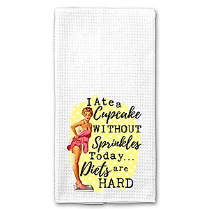 I ate a Cupcake without Sprinkles Today, Diets are Hard Funny Vintage 1950's Housewife Pin-up Girl Waffle Weave Microfiber Towel Kitchen Linen Gift for Her BFF