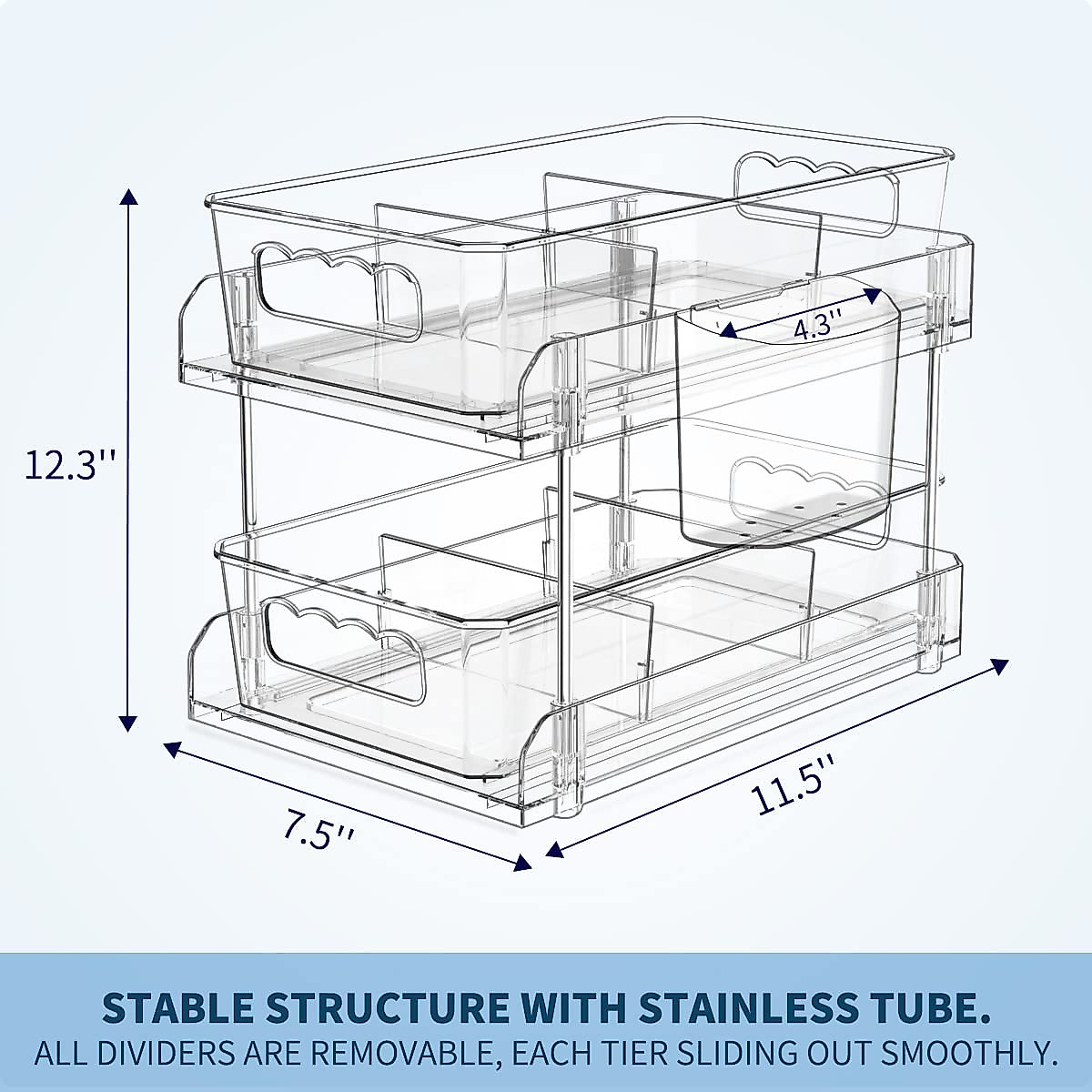 2 Tier Clear Organizer with Dividers, Pantry Organization and Storage Multi Purpose Slide-Out Bathroom Organizer, Kitchen Pantry Medicine Cabniet Bins, Under Sink Organizers and Storage, 2 Pack