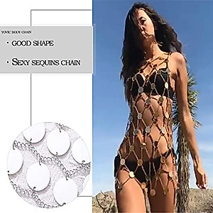 Yovic Boho Silver Body Chain Sexy Sequins Bra Chains Bikini Dress Chest Chain Harness Halter Backless Top Rave Nightclub Party Body Jewelry for Women and Girls(D)