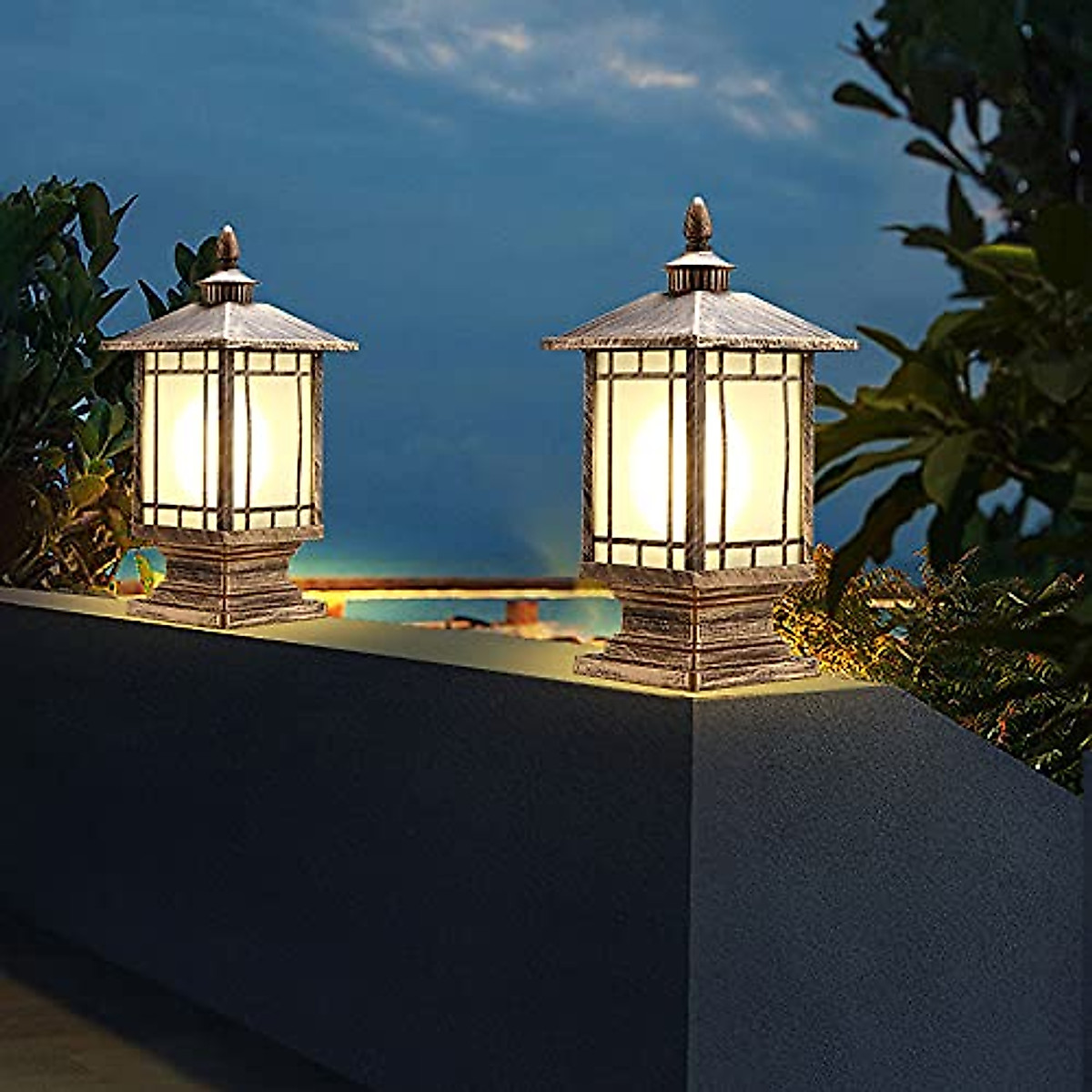 Post Lights Outdoor Waterproof Castlight Casting Aluminum Glass Post Cap Lights Modern Simple Villa Wall Gate Pillar Lamp LED Night Safety (Bronze B) (Dark A)