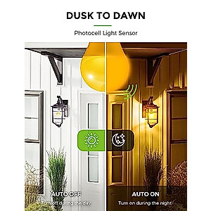 LOHAS Yellow LED Bug Light Bulbs Outdoor, Dusk to Dawn Sensor Yellow Bug Light Bulb Outside, A19 Amber Porch Light Non-Attracting, 40W Equivalent 2000K E26 Auto On/Off, for Patio Deck Backyard, 4 Pack