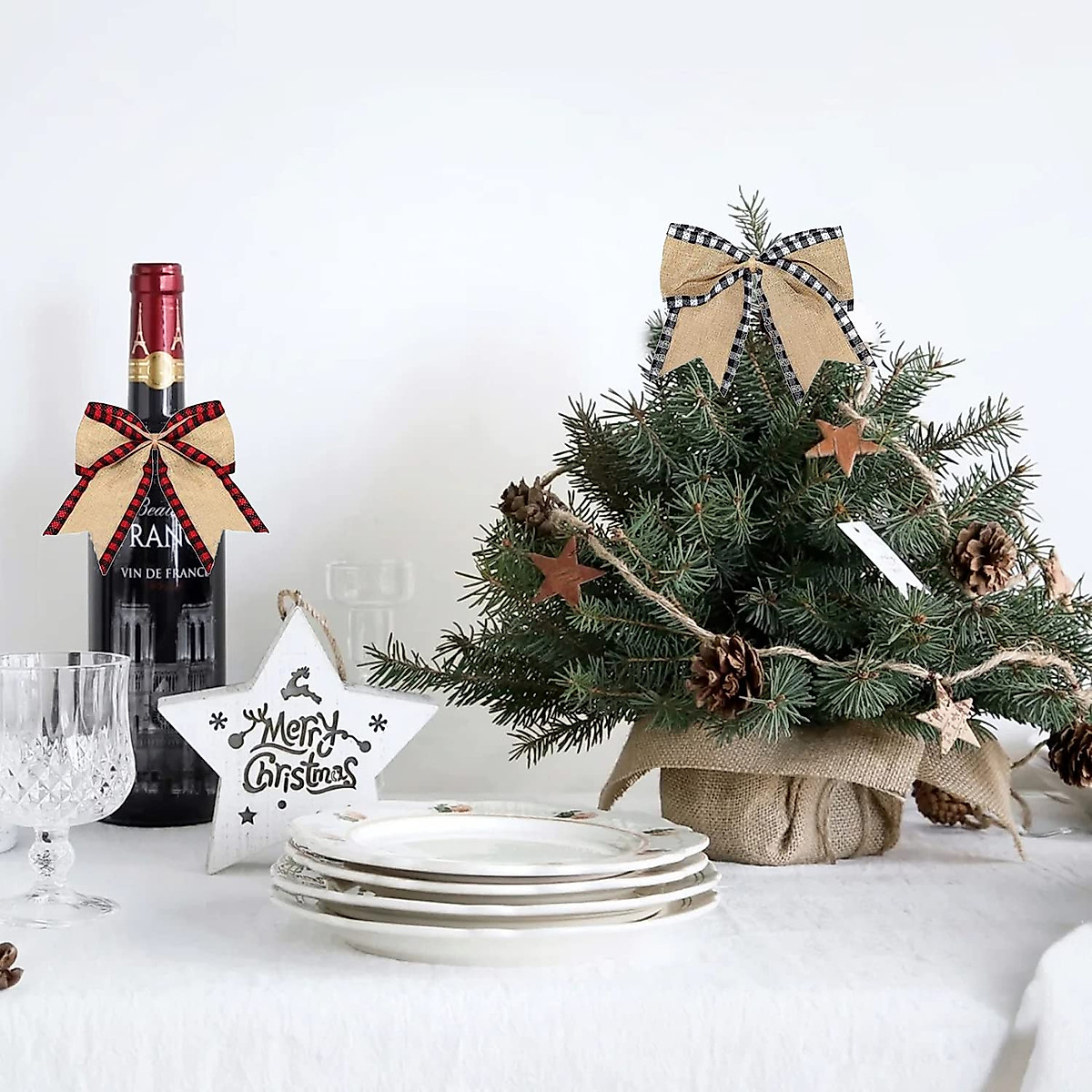 2 Rolls Glitter Buffalo Plaid Wired Edge Ribbons for Valentine's Day Gifts, Burlap Fabric Craft Natural Wrapping Ribbon Rolls with Checkered Edge for Christmas Party Box Wrapping Decor(1.5 x 216 Inch)